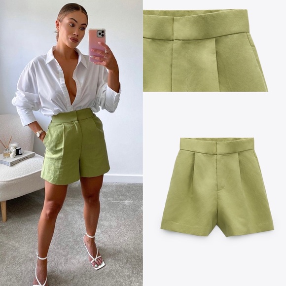 Zara | Shorts | Zara Linen Blend Green Bermuda Shorts Medium | Poshmark